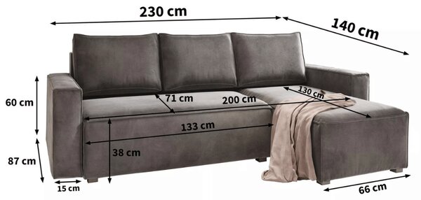 Rozkładana narożna sofa CAVELO, jasnoszara, uniwersalna | FAVI.pl