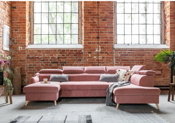 Jasnoróżowy aksamitny rozkładany narożnik (prawostronny/w kształcie ...