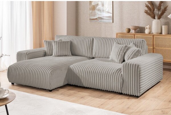 Jasnoszary sztruksowy rozkładany narożnik ze schowkiem (lewostronny ...